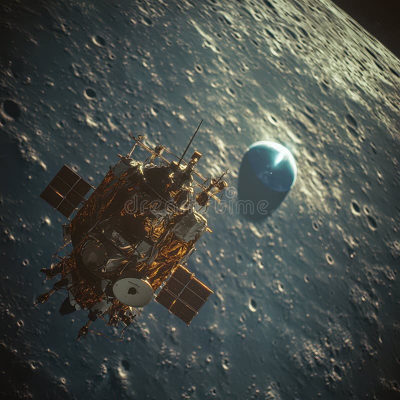 Spacecraft Exploring Lunar Surface with Planet in Background Stock ...