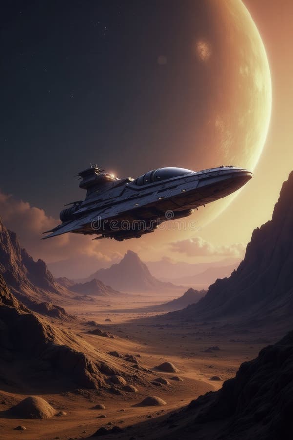 Spacecraft Hovering Above a Desolate Planet Surface, Galaxy, Starship ...