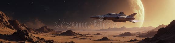 Spacecraft Hovering Above a Desolate Planet Surface, Space Exploration ...