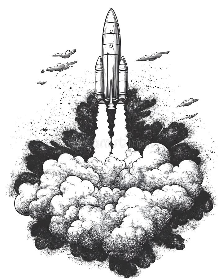Spacecraft Launch Illustration Black and White Rocket Taking Off ...