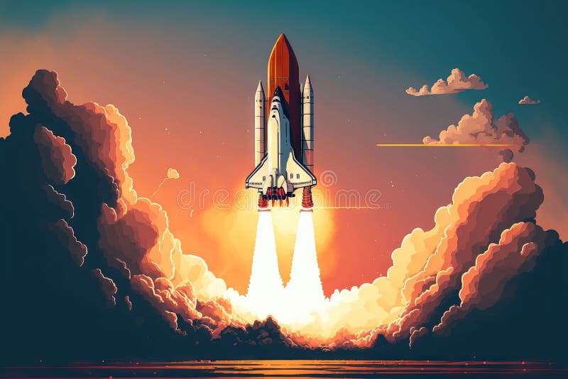Spacecraft Launch into Orbit. in the Clear Sky, the Rocket Takes Off ...