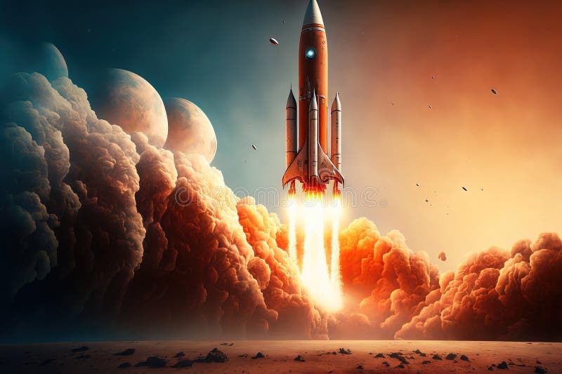 Spacecraft Launch into Orbit. the Mars Rocket Takes Off Stock ...