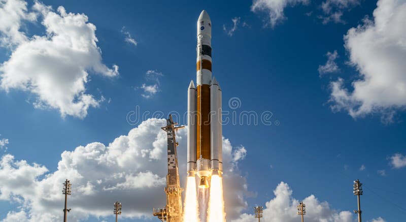 A Spacecraft Launches into a Clear Blue Sky, Surrounded by Scattered ...