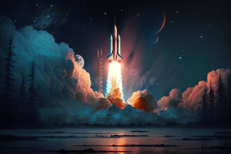 The Spacecraft Launches into the Night Sky. Launch of a Rocket into ...