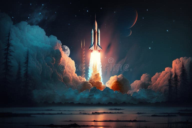 The Spacecraft Launches into the Night Sky. Launch of a Rocket into ...