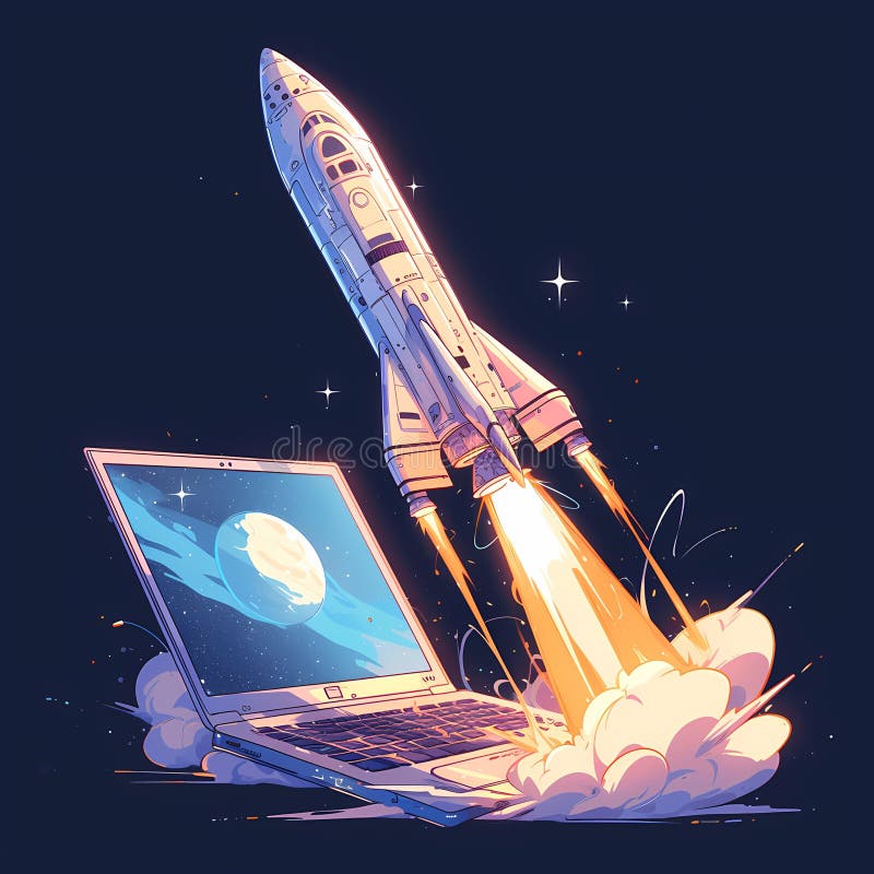 Spacecraft Launching from Laptop Display Digitally Stock Illustration ...