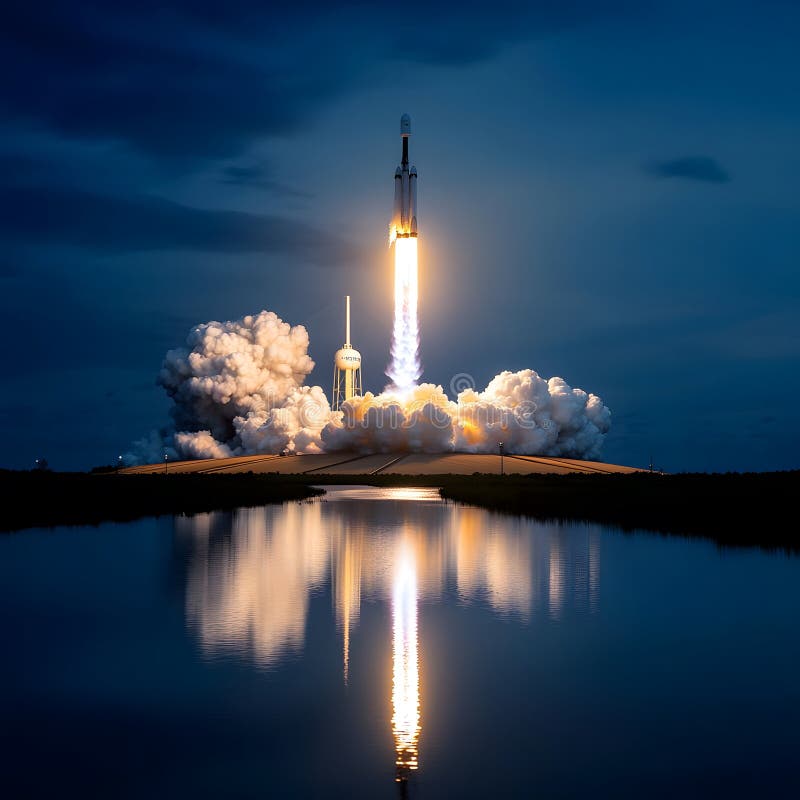 Spacecraft Launching into Orbit at Night, Reflecting in Water Stock ...