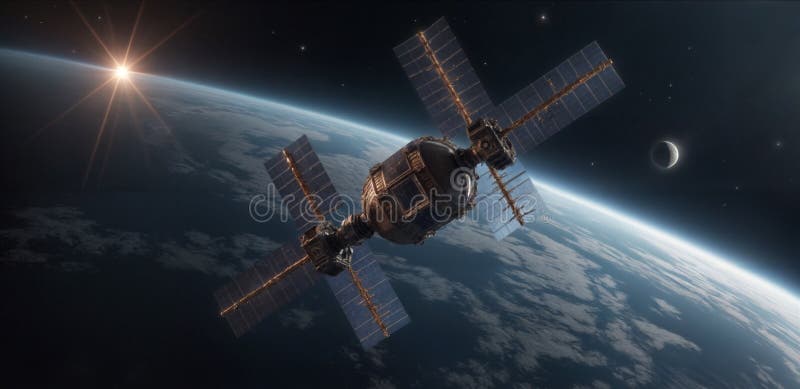 A Large Satellite Orbits Earth Stock Illustration - Illustration of ...