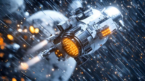 Spacecraft Navigating through Meteor Shower in Outer Space, Showcasing ...