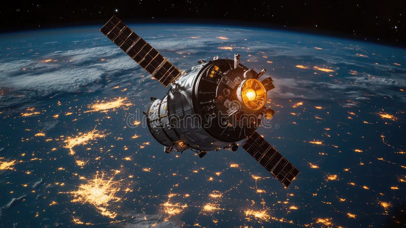 Spacecraft Orbiting Earth with City Lights in the Background Stock ...