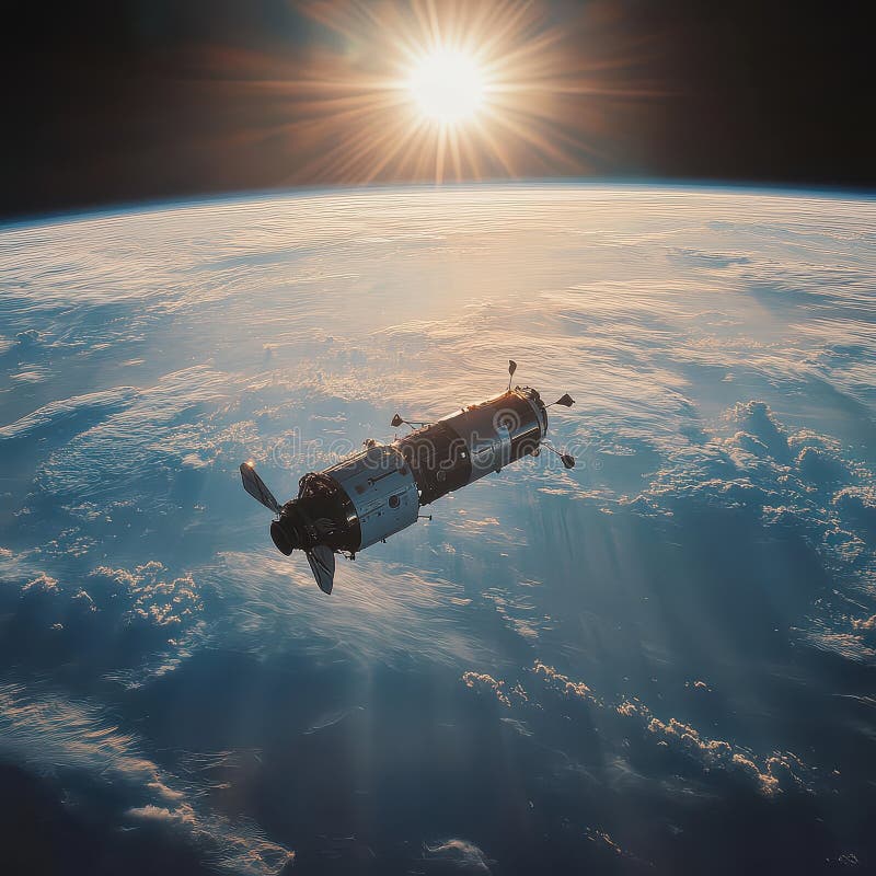 Spacecraft Orbiting Earth with Dramatic Solar Flare in Background Stock ...