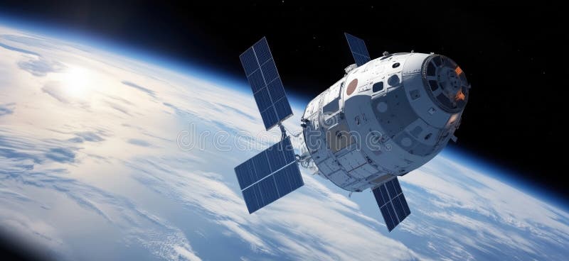 Spacecraft Orbiting Earth with Solar Panels and Earth in Background ...