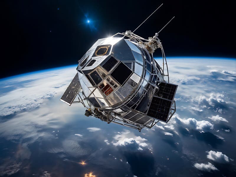 Spacecraft Orbiting Earth with Solar Panels and Earth in the Background ...