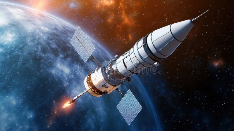 Spacecraft Orbiting Earth with Solar Panels and Thrusters Engaged, AI ...