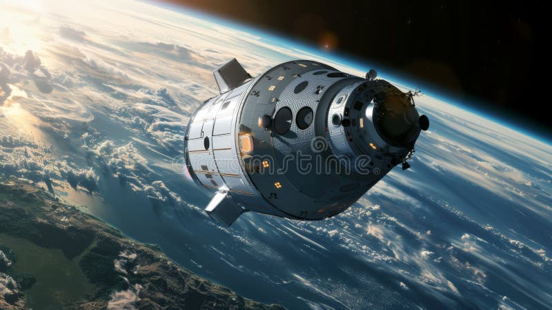 Spacecraft Orbiting Earth with Stunning Sunlit Clouds Stock Photo ...