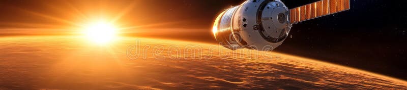 A Spacecraft Orbiting Mars with the Sun Rising in the Distance Stock ...