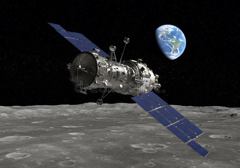Spacecraft Orbiting Moon and Earth Stock Illustration - Illustration of ...