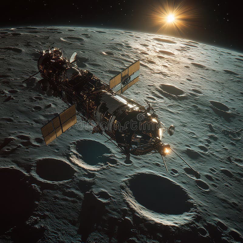 Spacecraft Orbiting Moon with Sun Rising Over Lunar Landscape Stock ...