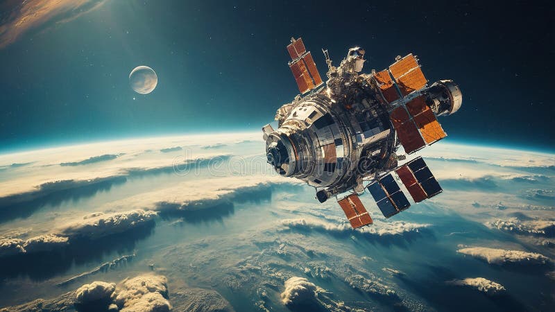 A Spacecraft Orbits Earth, Showcasing Its Exterior with Solar Panels ...