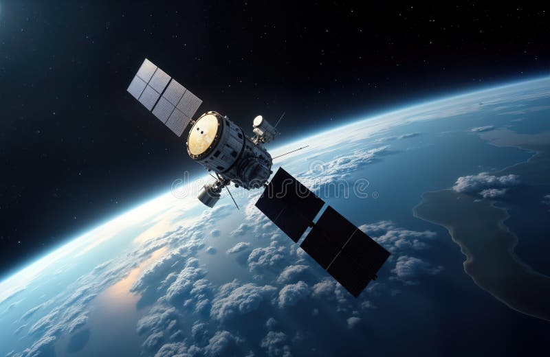 Spacecraft Orbits Earth with Solar Panels, Antenna. Modern Satellite ...