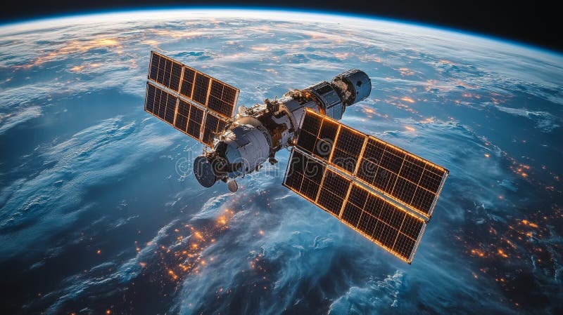 Orbital Spacecraft with Solar Panels Transmitting Data in Earth S ...