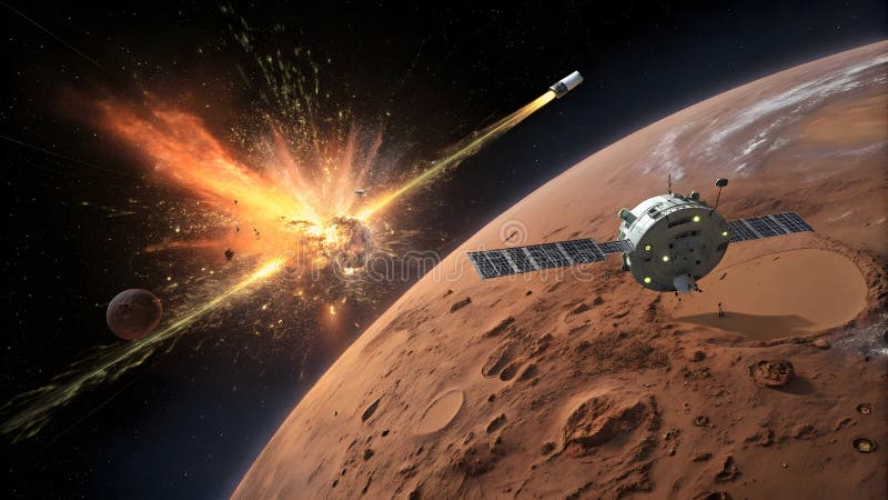 A Spacecraft Orbits Mars while an Explosion Occurs in the Distance ...