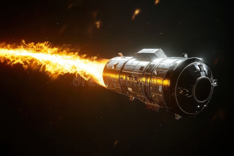 Rocket Propulsion in Outer Space with Fiery Exhaust Highlighted Against ...