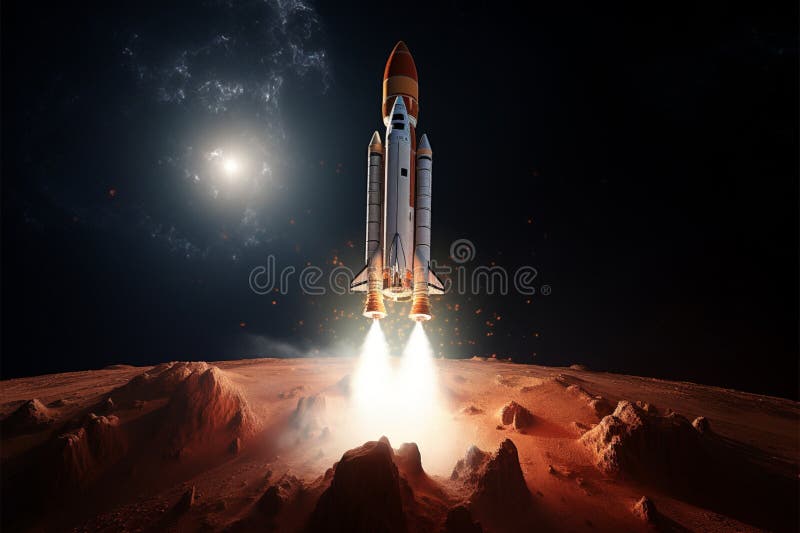 A Spacecraft Rockets Skyward from the Surface of the Red Planet Stock ...