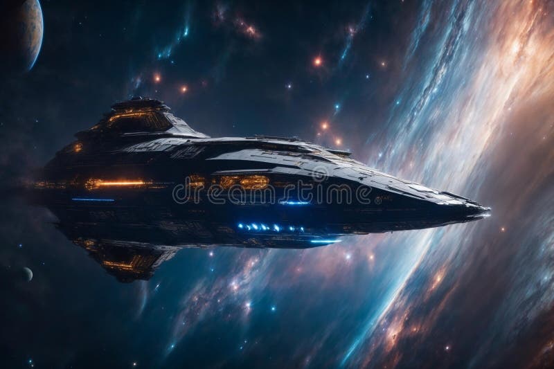 A Spacecraft is Soaring through the Night Sky, Its Illuminated ...