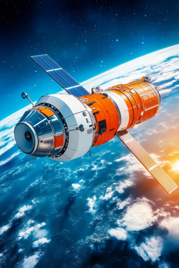 A Spacecraft with Solar Panels, Flying Above a Planet Stock Photo ...