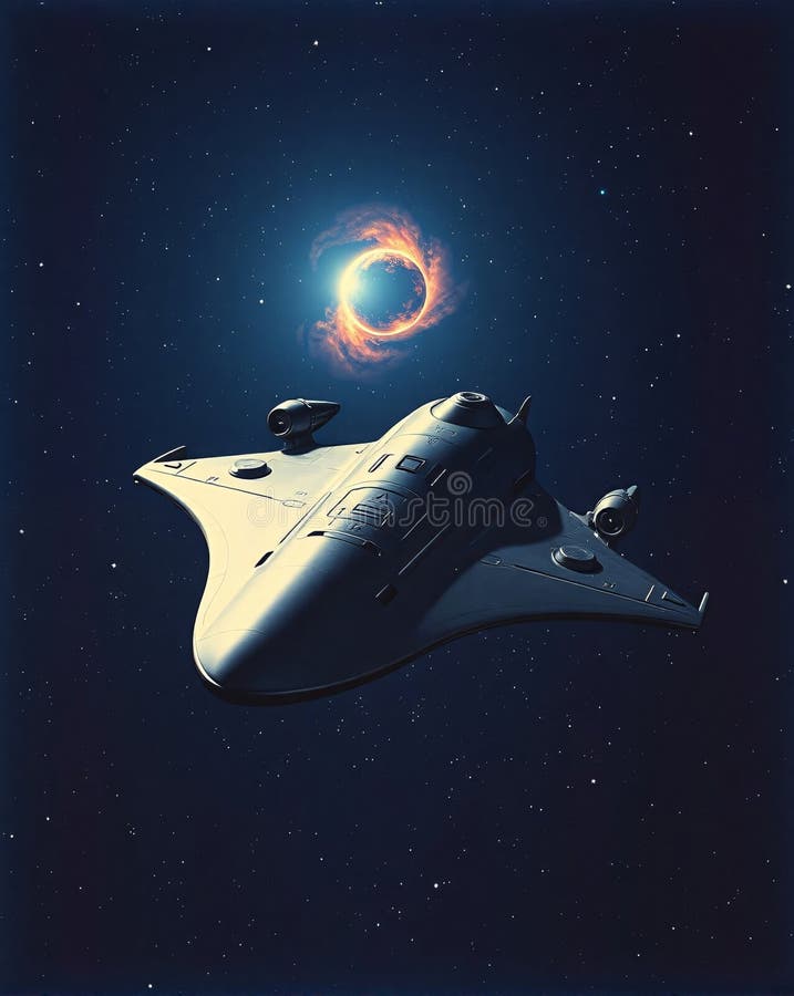 A Spacecraft with a Streamlined Design and Multiple Engines. a Blue and ...