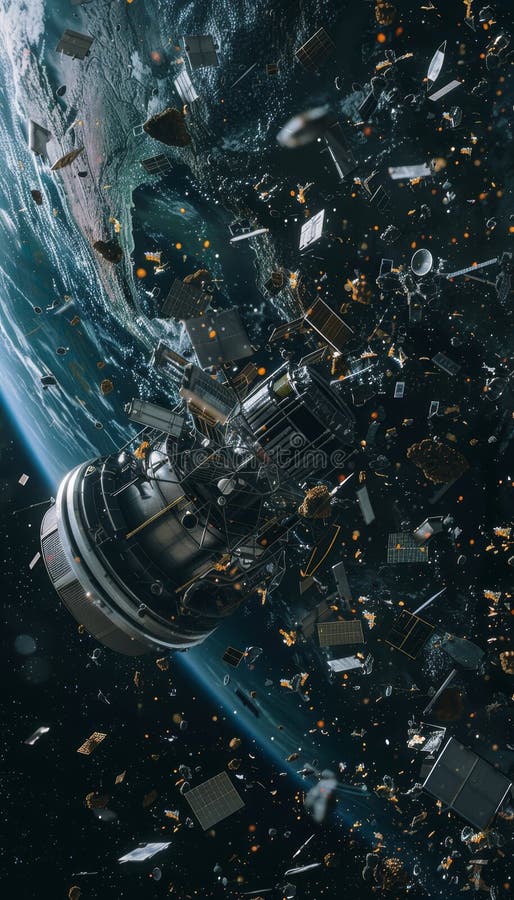 A Spacecraft Surrounded by Space Debris, Highlighting the Environmental ...