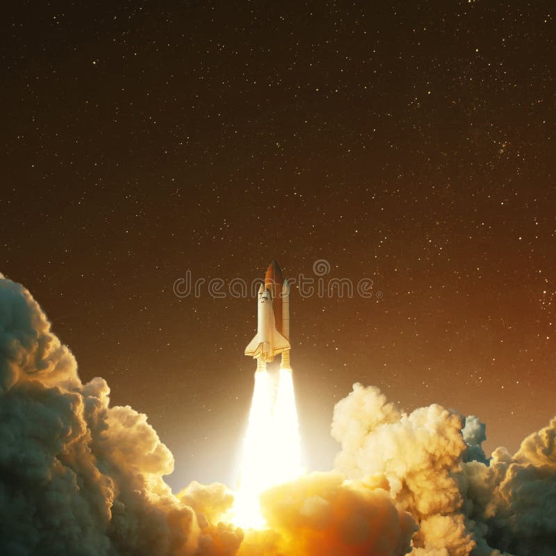 Spacecraft Takes Off into Space. the Rocket Starts in the Blue Sky ...