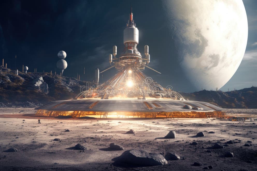 Spacecraft Taking Off from a Moon Base Launching Pad Stock Illustration ...