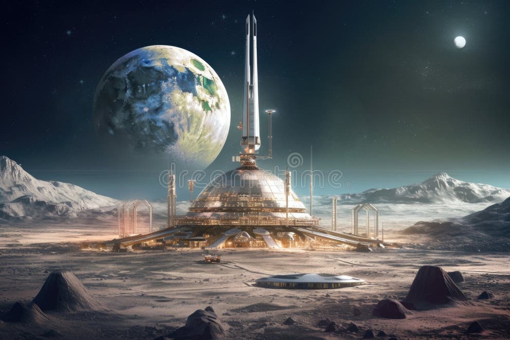 Spacecraft Taking Off from a Moon Base Launching Pad Stock Illustration ...