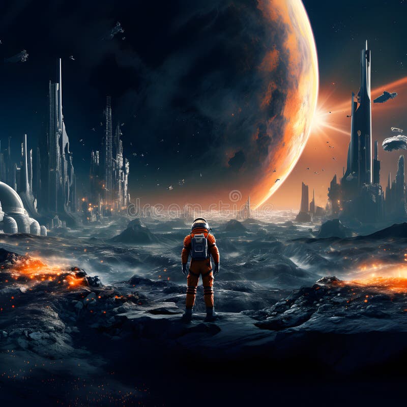 Spaceman or Astronaut on the Planet Being Destroyed Stock Illustration ...