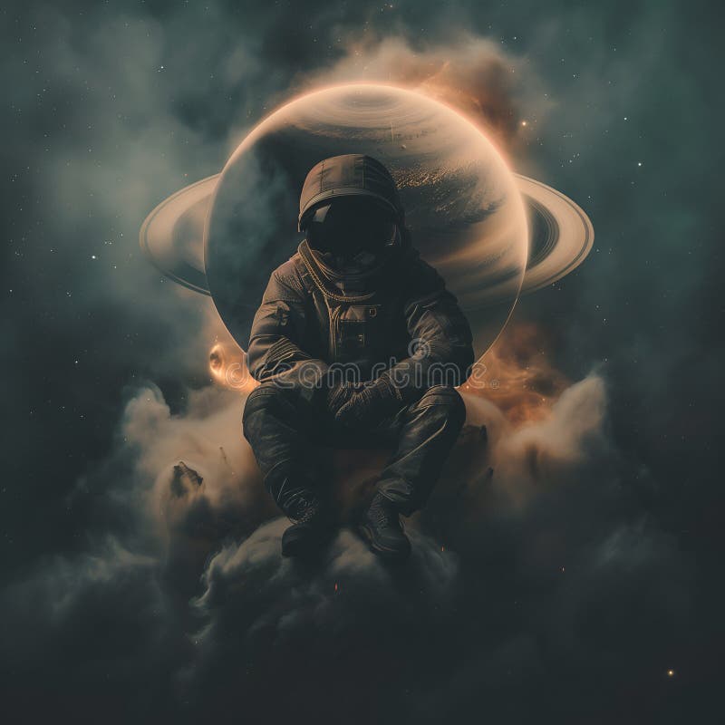 A Spaceman or Astronaut Sitting Against a Background of Saturn Planet ...