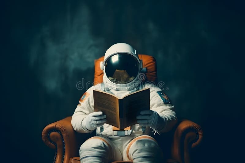 Spaceman or Astronaut Sitting on a Chair and Reading Book Stock ...