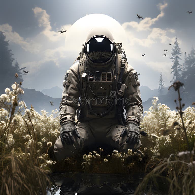 Spaceman or Astronaut Sitting among Flowers Stock Illustration ...