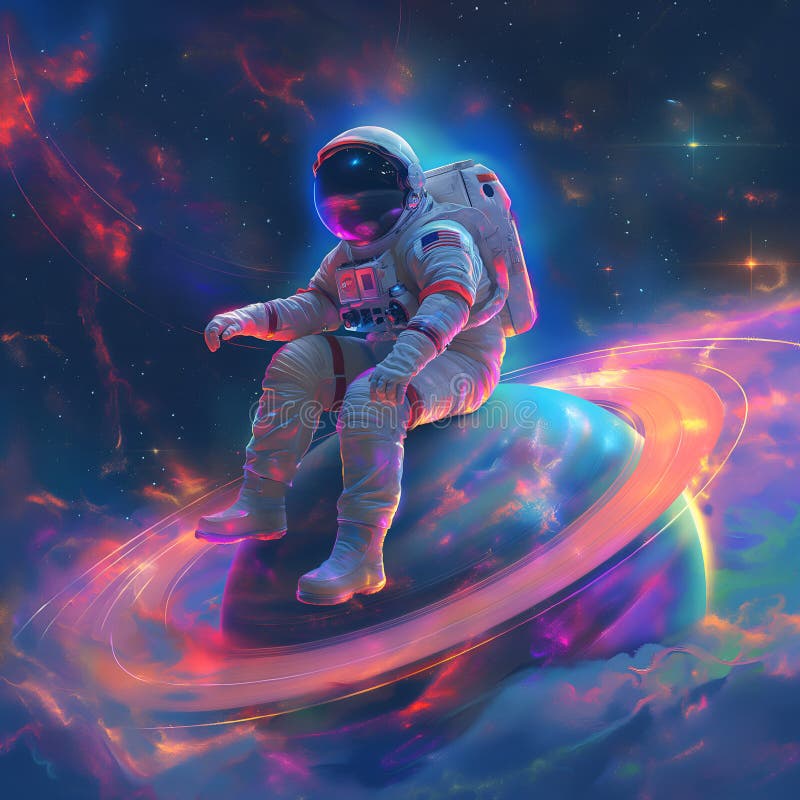 A Spaceman or Astronaut Sitting on Saturn Planet Stock Illustration ...