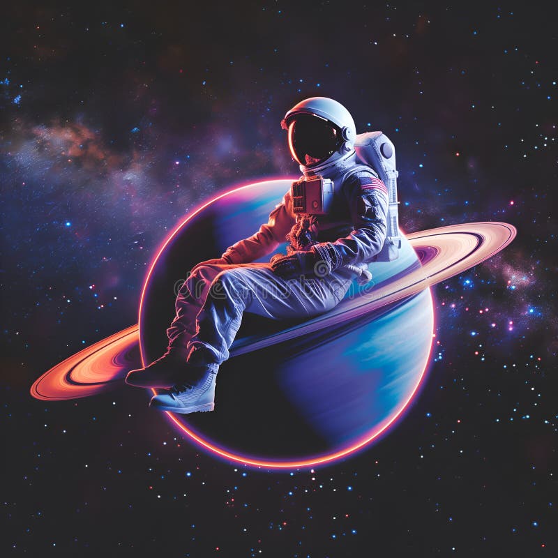 A Spaceman or Astronaut Sitting on Saturn Planet Stock Illustration ...