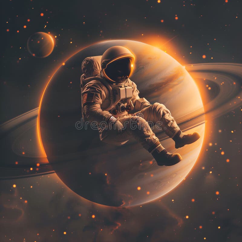 A Spaceman or Astronaut Sitting on Saturn Planet Stock Illustration ...