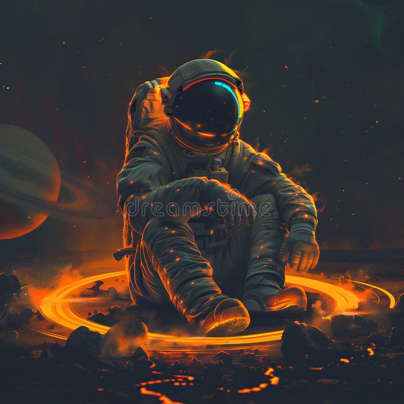 Spaceman or Astronaut Sitting, Surrounded by Neon Lights Stock Photo ... Spaceman or Astronaut Sitting, Surrounded by Neon Lights Stock Photo ...