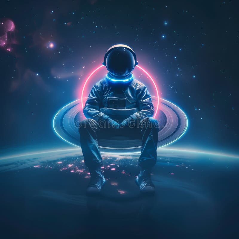 Spaceman or Astronaut Sitting, Surrounded by Neon Lights Stock Photo ...
