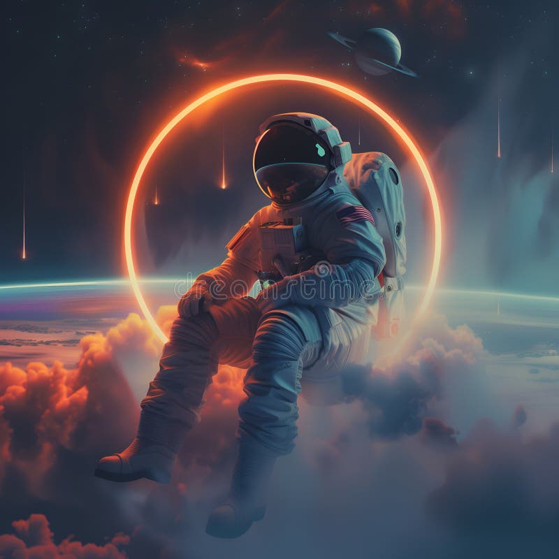 Spaceman or Astronaut Sitting, Surrounded by Neon Lights Stock Image ...