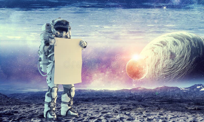 Spaceman with Banner. Mixed Media Stock Photo - Image of futuristic ...