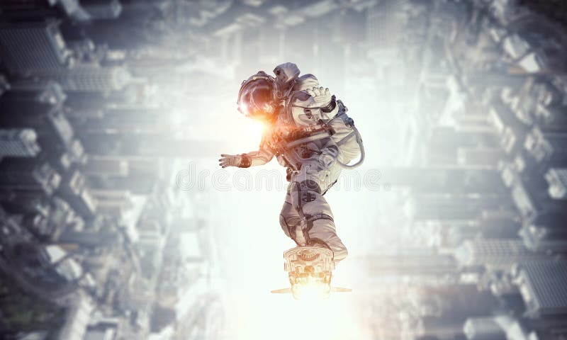 Spaceman on Flying Board. Mixed Media Stock Photo - Image of futuristic ...