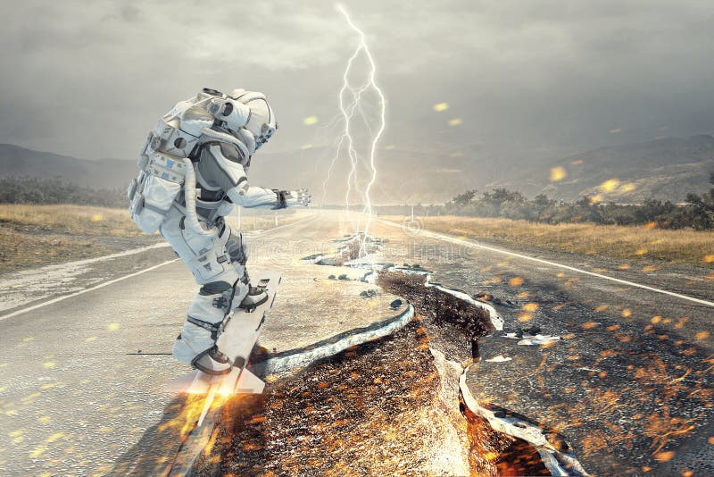 Spaceman on Flying Board. Mixed Media Stock Image - Image of skating ...