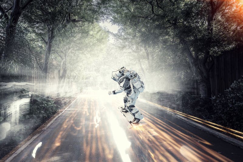 Spaceman on Flying Board. Mixed Media Stock Image - Image of fiction ...