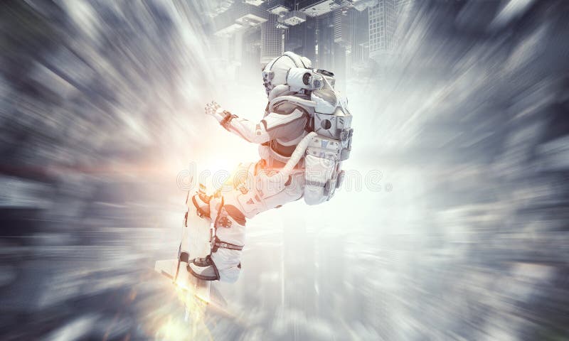 Spaceman on Flying Board. Mixed Media Stock Image - Image of discovery ...